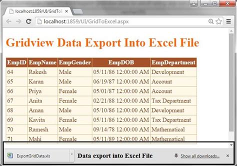 export gridview data into excel file format