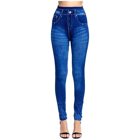 Womens Denim Print Fake Jeans Look Like Leggings Sexy Stretchy High Waist Slim Skinny Jeggings