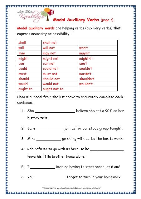 Grade Grammar Topic Modal Auxiliary Words Worksheets Lets