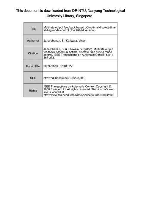 pdf multirate output feedback based lq optimal discrete time sliding mode control