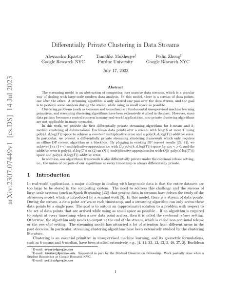 pdf differentially private clustering in data streams