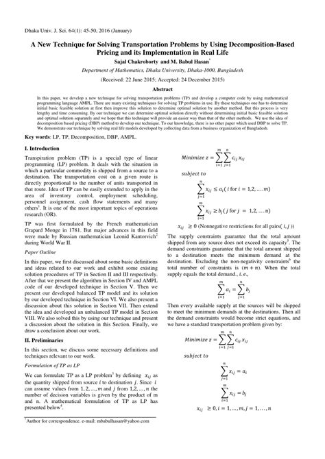 pdf a new technique for solving transportation problems by using decomposition based pricing