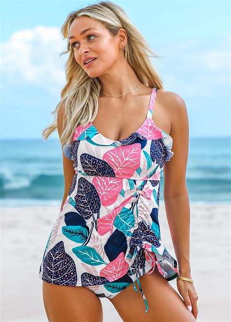 ROTITA Drawstring Side Tropical Print Spaghetti Strap Tankini Set