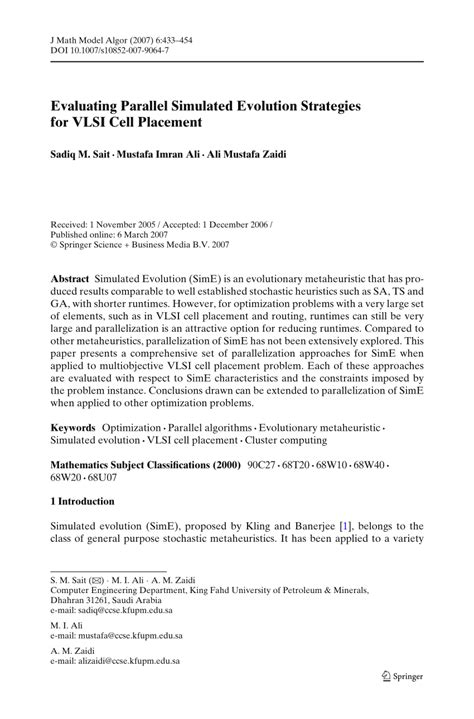 pdf evaluating parallel simulated evolution strategies for vlsi cell placement
