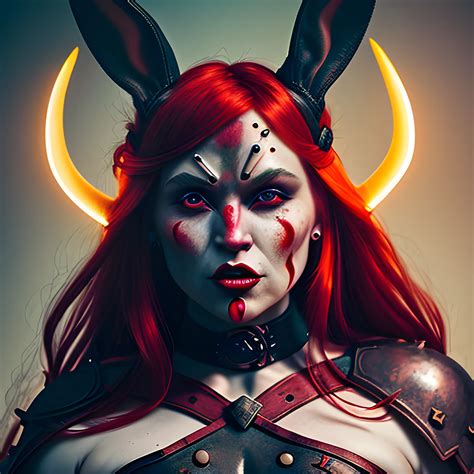 Woman Warrior Bunny Ears Demon Horns Redhead Arthubai
