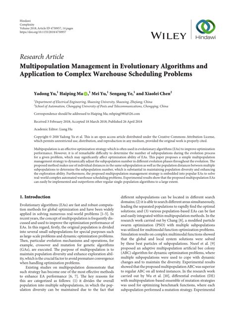 pdf multipopulation management in evolutionary algorithms and application to complex warehouse