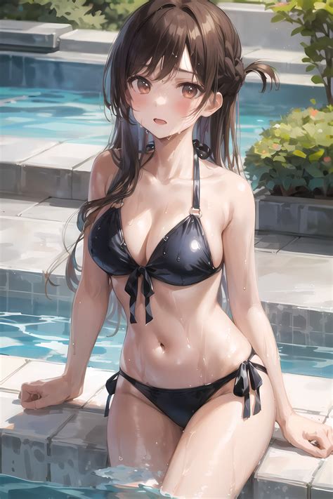 Cleavage Big Boobs Wet Body Long Hair Brunette Looking At Viewer Bkini Anime Girls Ai