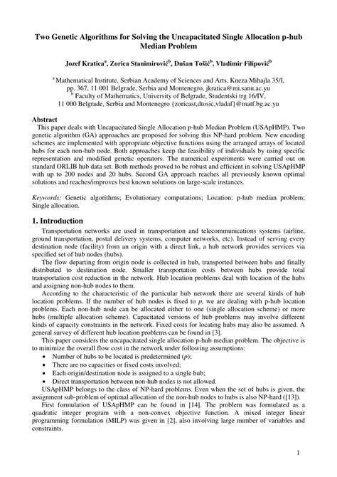 pdf two genetic algorithms for solving the uncapacitated single allocation p hub median problem