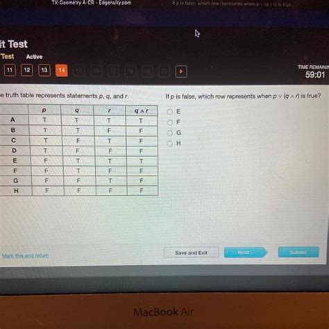 the truth table represents statements p q and r if p is false which row represents when pv q
