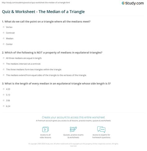 Quiz Worksheet The Median Of A Triangle Study