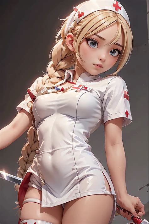 1女の子 金髪の三つ編み髪 Warrior 看護師 with sword on the battlefield 赤十字のシンボルが入った