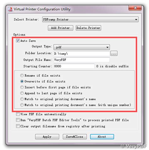 suppress save as dialog in pdfcamp printer 64bit verypdf knowledge base