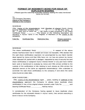 Fillable Online FORMAT OF INDEMNITY BOND FOR ISSUE OF DUPLICATE SHARES