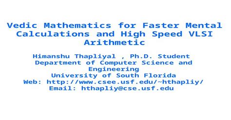 vedic mathematics for faster mental calculations and high speed vlsi arithmetic himanshu