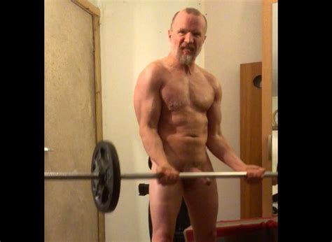Naked Muscular Bodybuilder Does Barbell Curls Flexes Muscle Lots Of