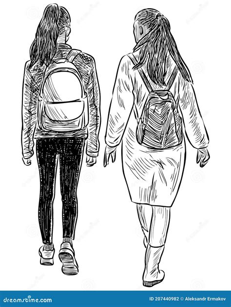 Dibujo De Una Joven Con Su Hija Adolescente Caminando Al Aire Libre Ilustración Del Vector