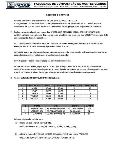 exercicio sql pdf sql gestão de tecnologia da informação