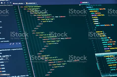 computer script code lines of html and css code closeup web design and web development stock