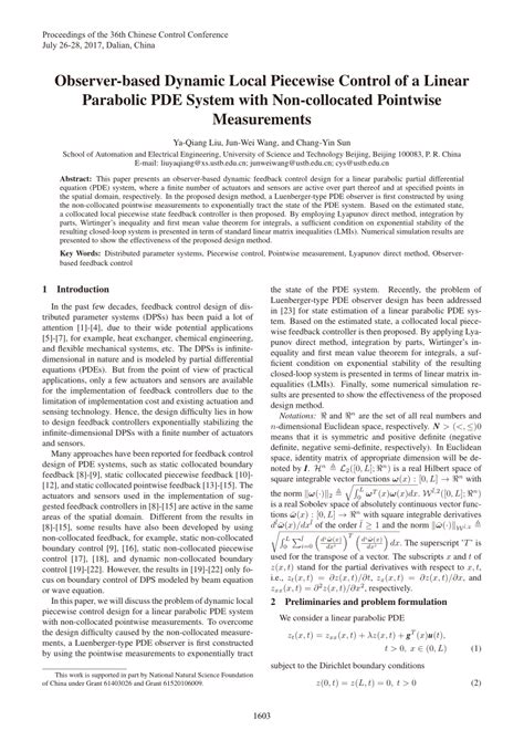 pdf observer based dynamic local piecewise control of a linear parabolic pde system with non