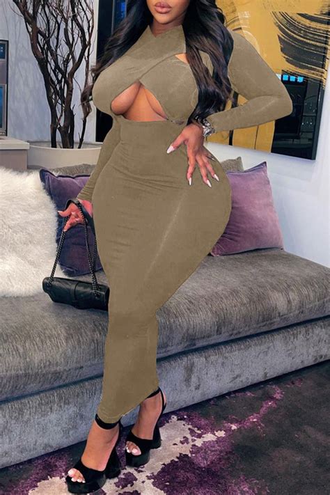 Wholesale Black Fashion Sexy Solid Hollowed Out V Neck Long Sleeve Plus Size Dresses K30569 1 Online