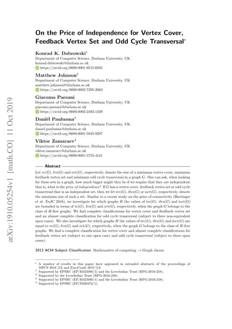 pdf on the price of independence for vertex cover feedback vertex set and odd cycle transversal