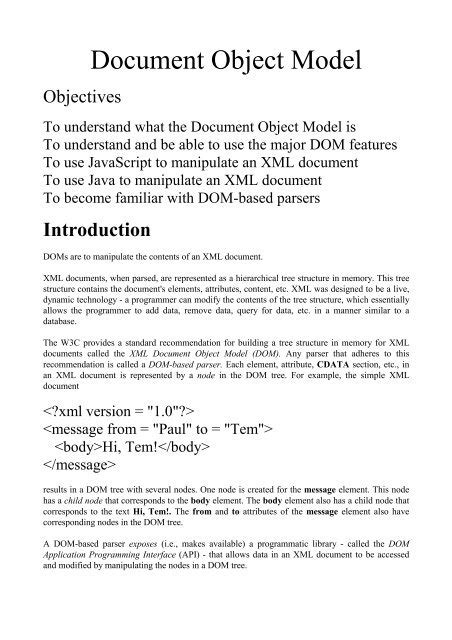 the description of xml document object model dom