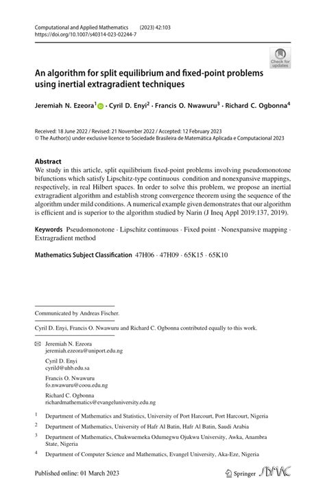 pdf an algorithm for split equilibrium and fixed point problems using inertial extragradient
