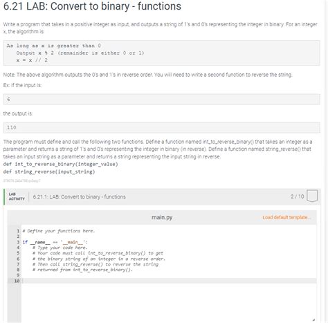solved 6 21 lab convert to binary functions write a