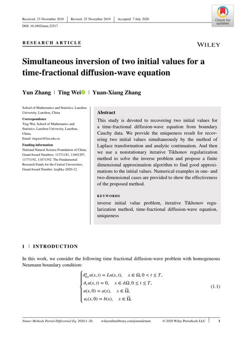pdf simultaneous inversion of two initial values for a time‐fractional diffusion‐wave equation