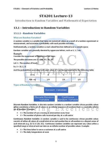 random variables and mathematical expectations lecture 13 notes pdf random variable