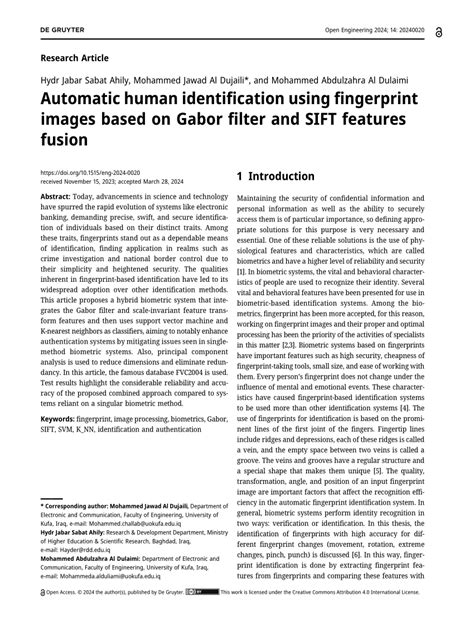 pdf automatic human identification using fingerprint images based on gabor filter and sift