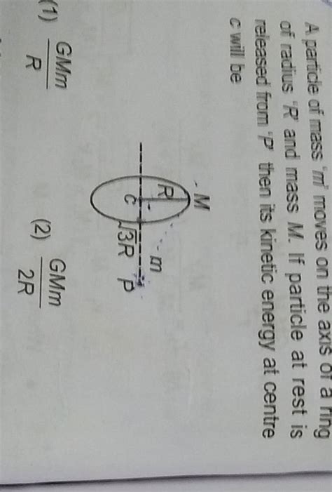 a particle of mass m moves on the axis of a ring of radius r and mass m