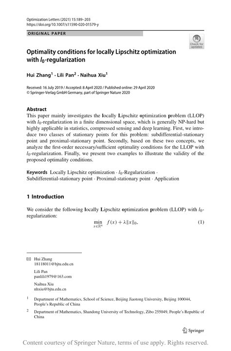 optimality conditions for locally lipschitz optimization with l 0 regularization request pdf