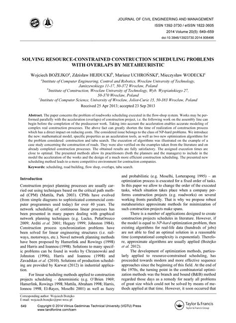 pdf solving resource constrained construction scheduling problems with overlaps by metaheuristic