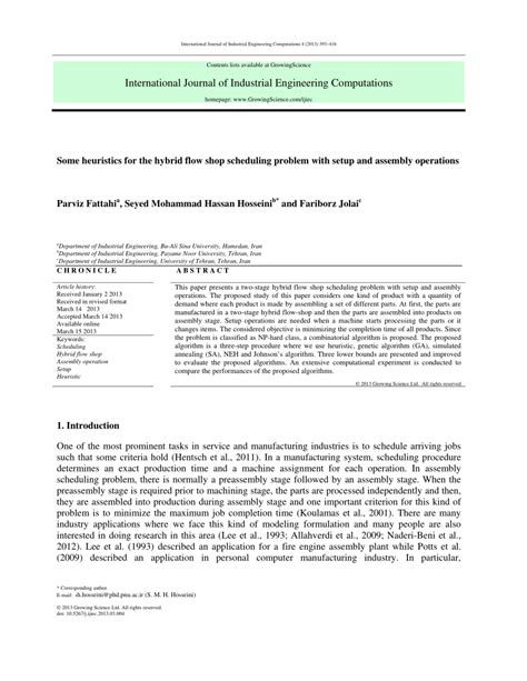 pdf some heuristics for the hybrid flow shop scheduling problem with setup and assembly operations