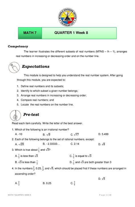 math 7 q1 week 8 the learner illustrates the different subsets of real numbers m7ns lh 1