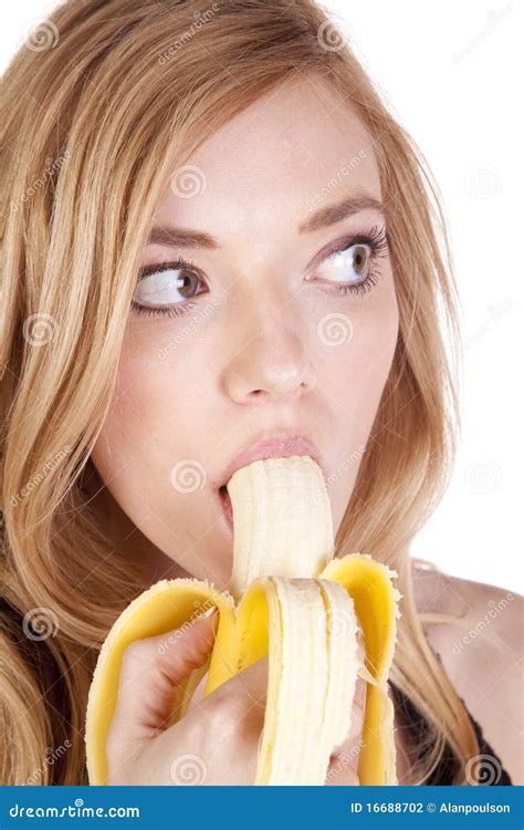 Banana In Womans Mouth Look Sideways Stock Photo Image
