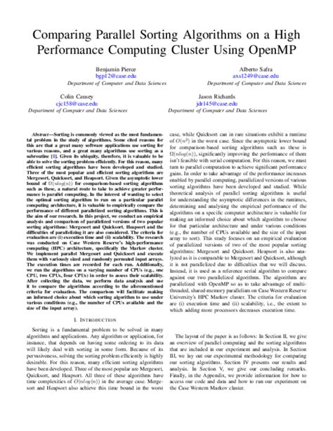 pdf comparing parallel sorting algorithms on a high performance computing cluster using openmp
