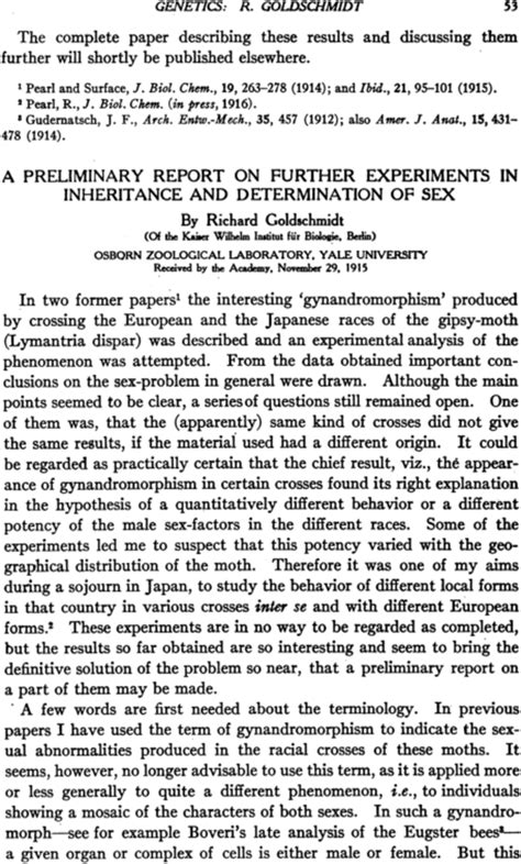 a preliminary report on further experiments in inheritance and determination of sex pnas