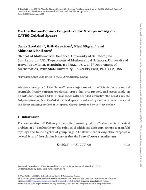 pdf on the baum connes conjecture for groups acting on cat 0 cubical spaces
