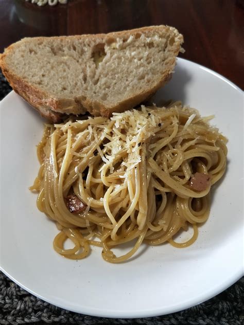 Homemade Spaghetti Carbonara And Sourdough Bread Food