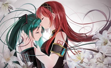 Girls Flowers Green Hair Hatsune Miku Headband Kiss Long Hair Megurine Luka Okingjo