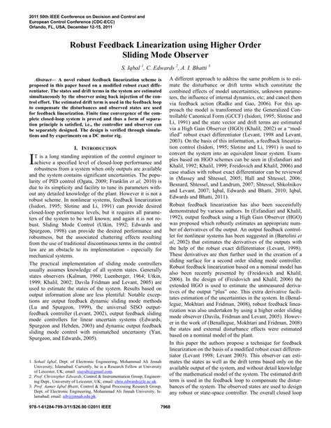pdf robust feedback linearization using higher order sliding mode observer