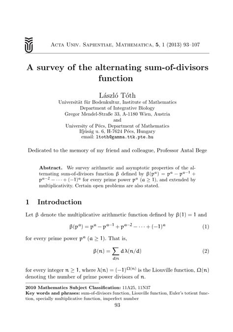 pdf a survey of the alternating sum of divisors function