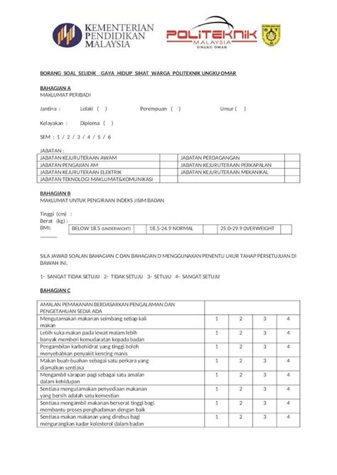 DOCX Borang Soal Selidik Gaya Hidup Sihat Politeknik DOKUMEN TIPS