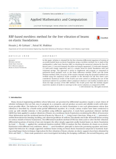 pdf rbf based meshless method for the free vibration of beams on elastic foundations faisal
