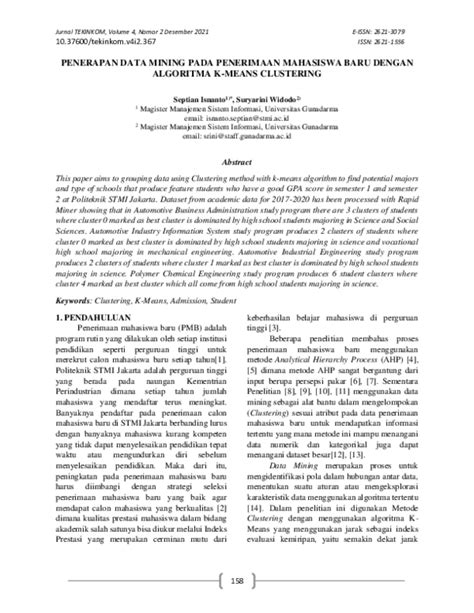 pdf penerapan data mining pada penerimaan mahasiswa baru dengan algoritma k means clustering