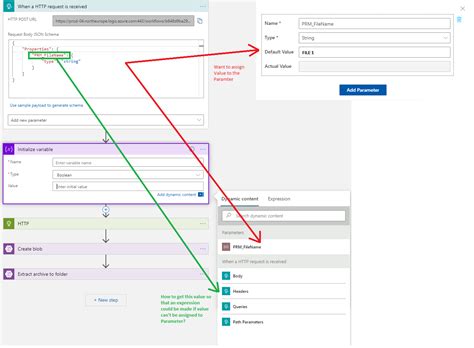 azure how to use values passed in request in logic apps assign values to logic app