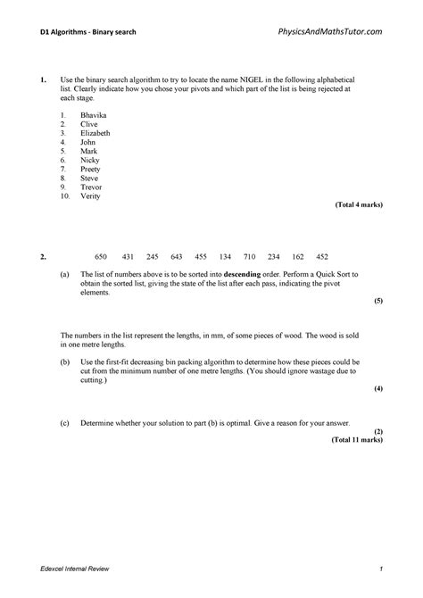 d1 algorithms binary search 1 use the binary search algorithm to try to locate the name
