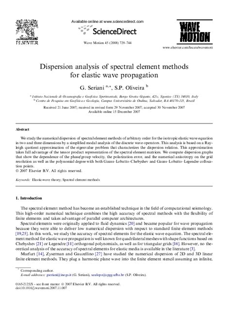 pdf dispersion analysis of spectral element methods for elastic wave propagation saulo